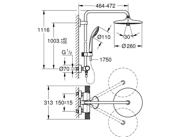 Euphoria System 260 System prysznicowy z termostatem do montażu ściennego 27615KF2 | 27615KF2 ...